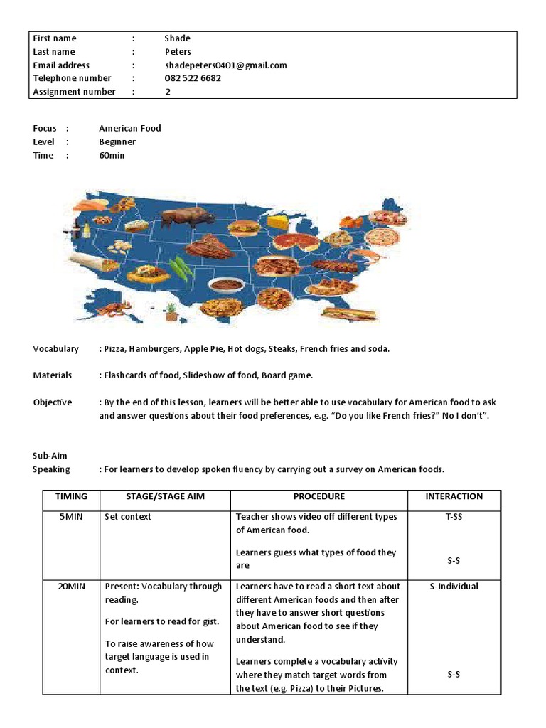 Assignment2 American FOOD LESSON PLAN | Download Free PDF | Vocabulary ...