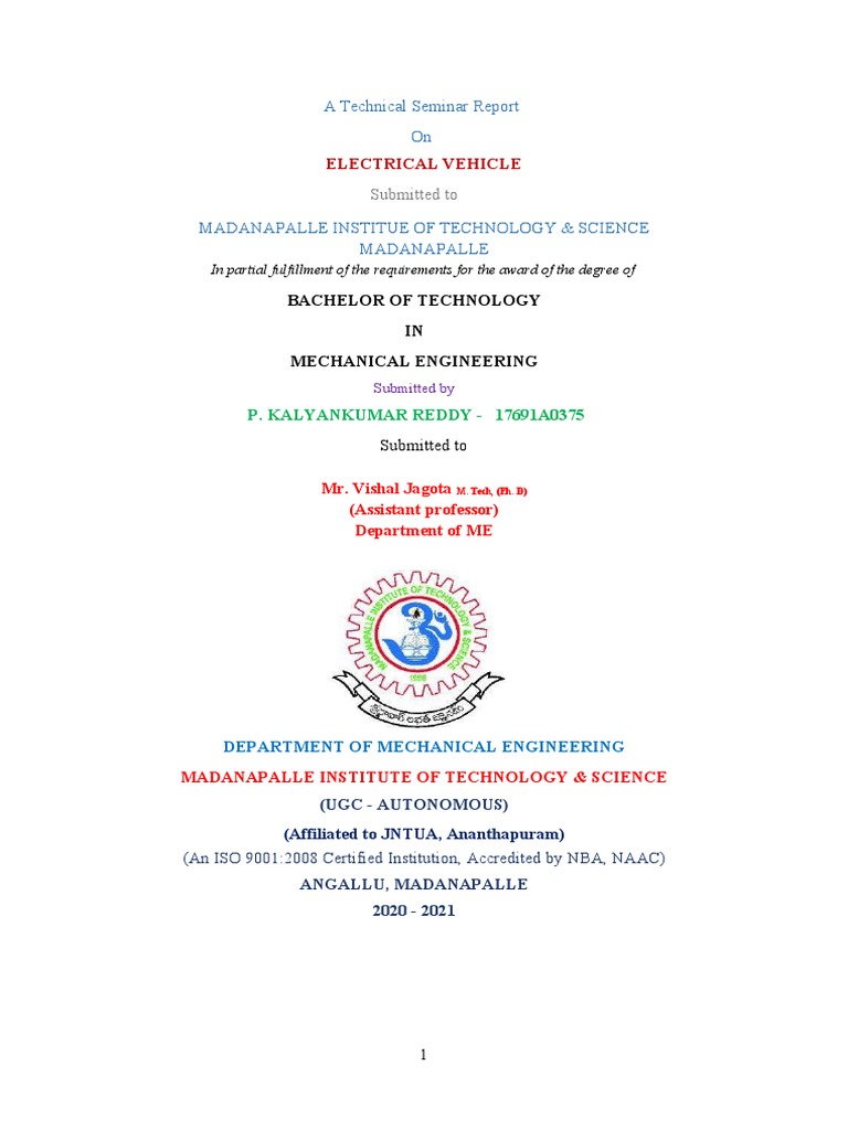 Technical Seminar Report (17691A0375) | PDF | Electric Vehicle ...