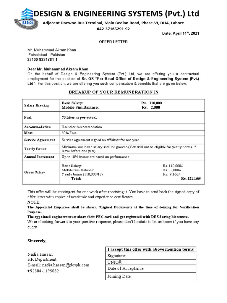 Offer Letter Akram Sr. QS | PDF | Employee Relations | Salary