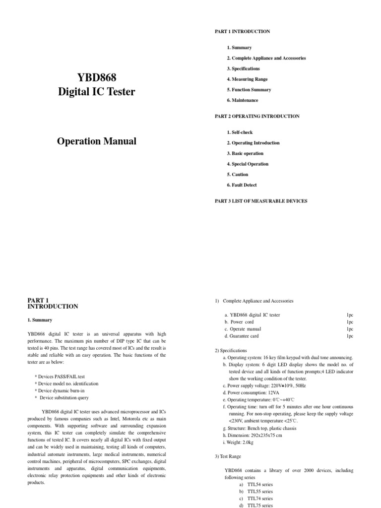 YBD868 Digital IC Tester: Operation Manual | PDF | Electronic ...