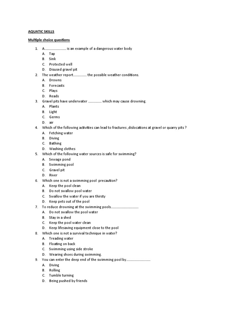 Aquatic Skills Multiple Choice Questions | PDF | Swimming | Swimming Pool
