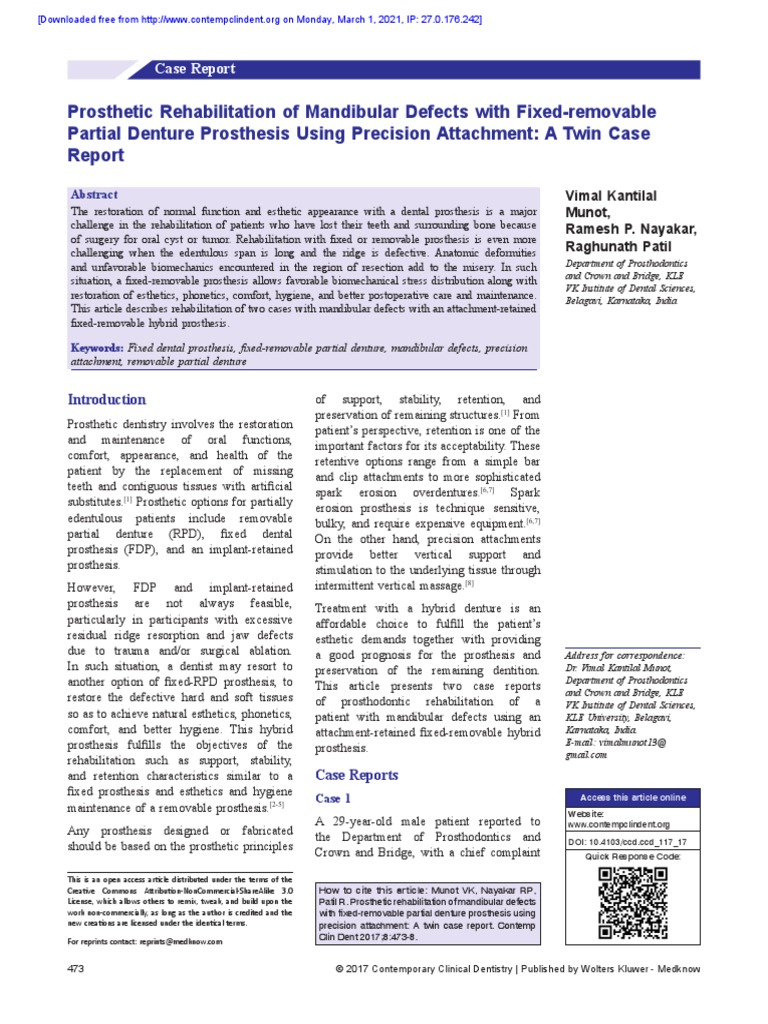 Long Span Ridge With Precision Attachment | PDF | Dentures | Dental Implant