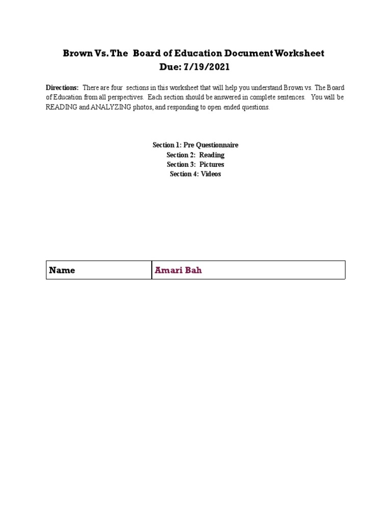 Brown Vs - The Board of Education Document Worksheet | PDF | Brown V ...