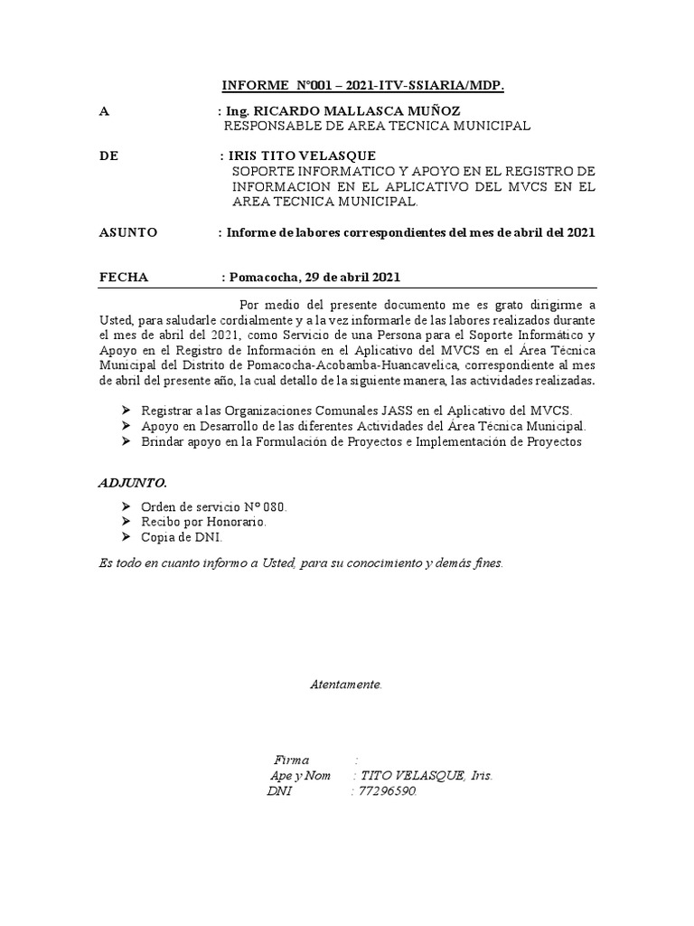 Informe Nº001 2021 Itv Ssiaria MDP (SGDSSP) | PDF