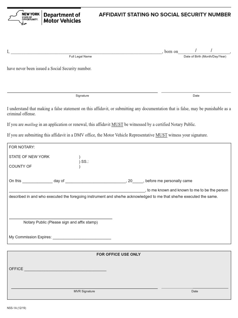 Affidavit Stating No Social Security Number: Full Legal Name Date of ...