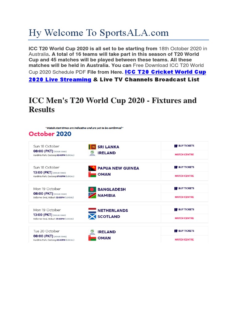 ICC T20 World Cup 2020 Schedule in PDF | PDF