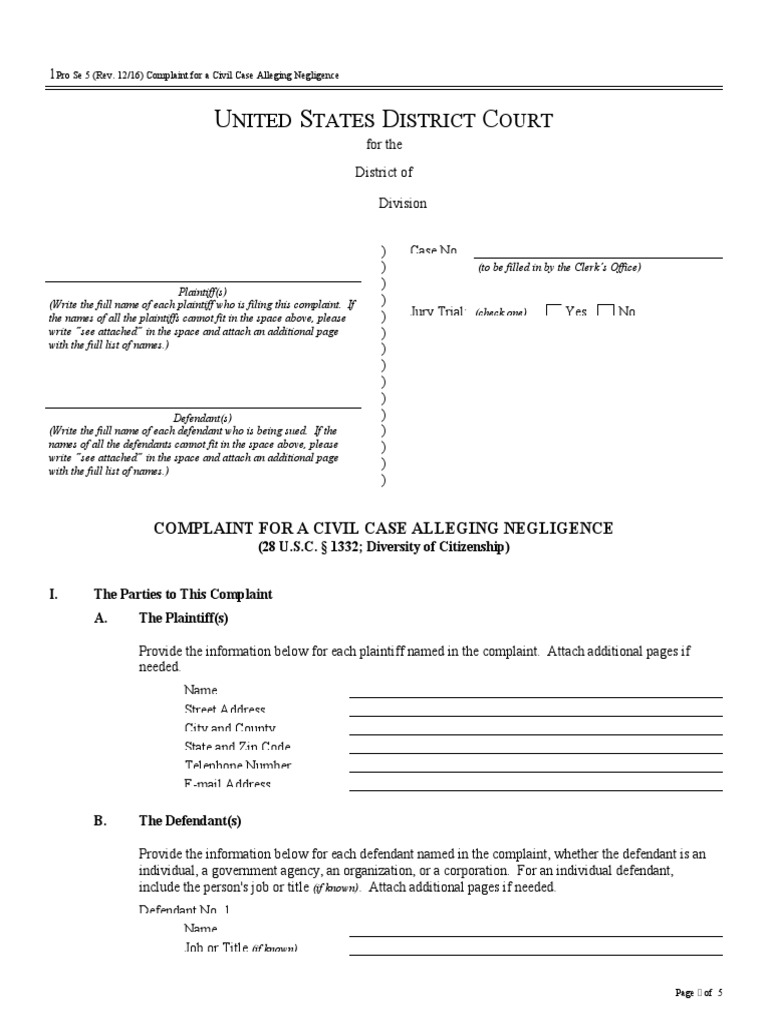 Complaint For A Civil Case Alleging Negligence | PDF | Complaint ...