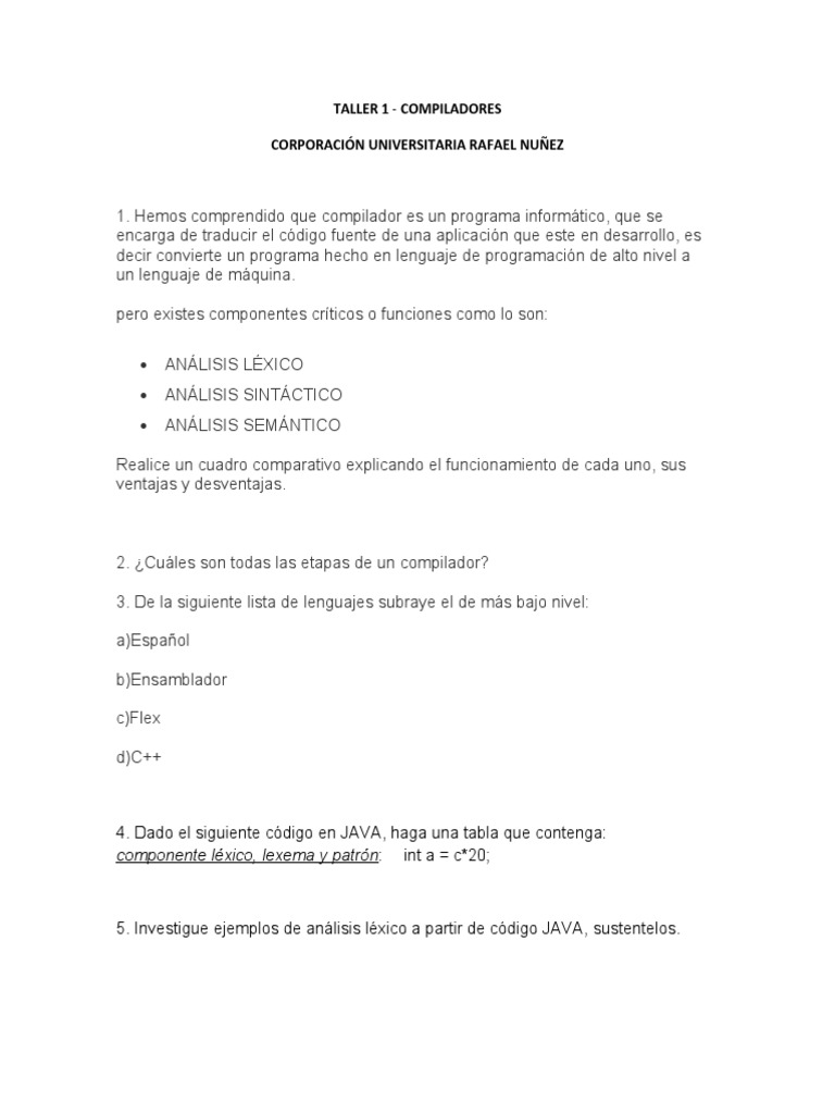 Taller 1 Compiladores | PDF | Compilador | Lenguaje de programación