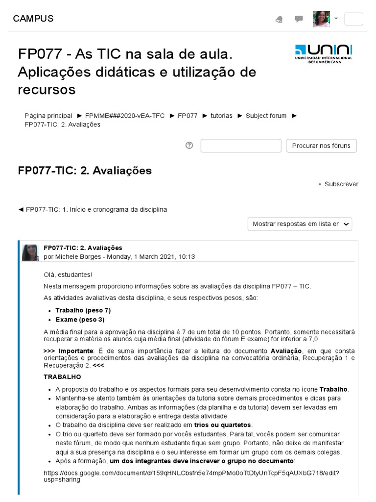 AVALIAÇÕES FP077 AS TIC NA SALA DE AULA Campus Virtual | PDF