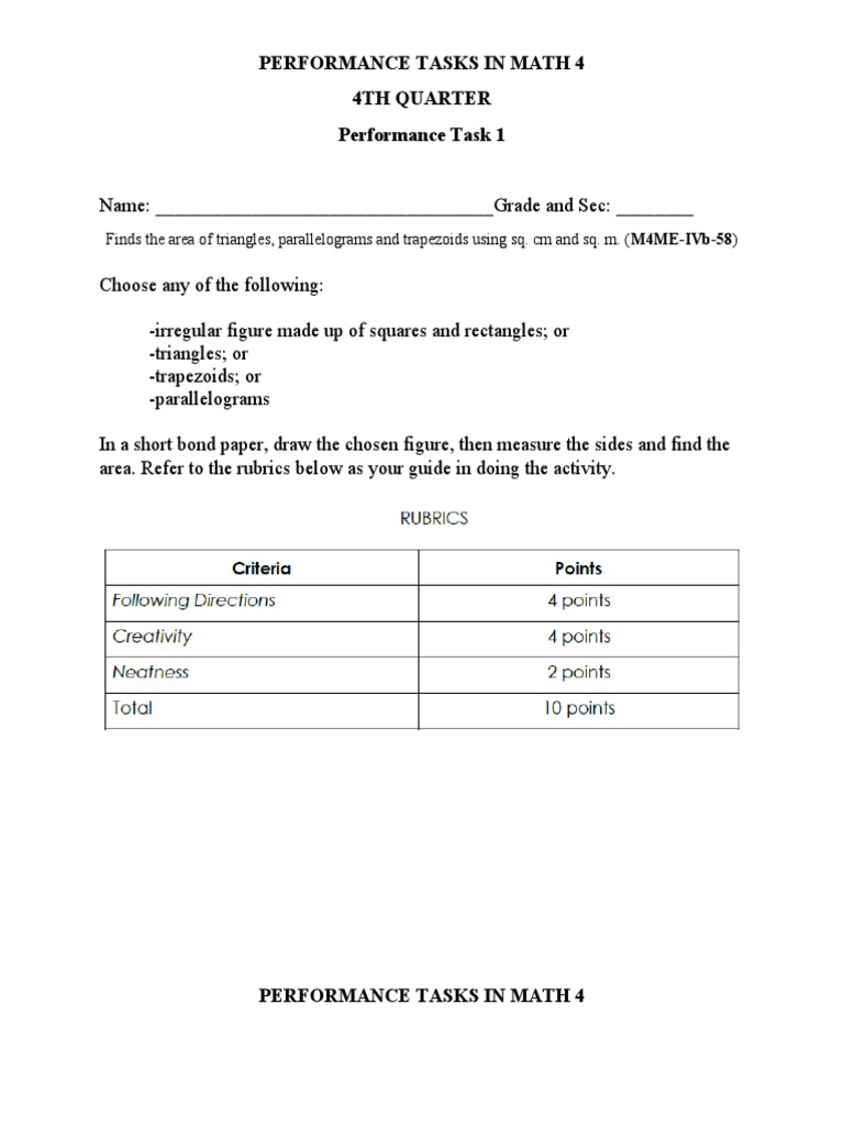 Performance Tasks in Math 4 4Th Quarter Performance Task 1 | Download Free PDF | Area | Rectangle