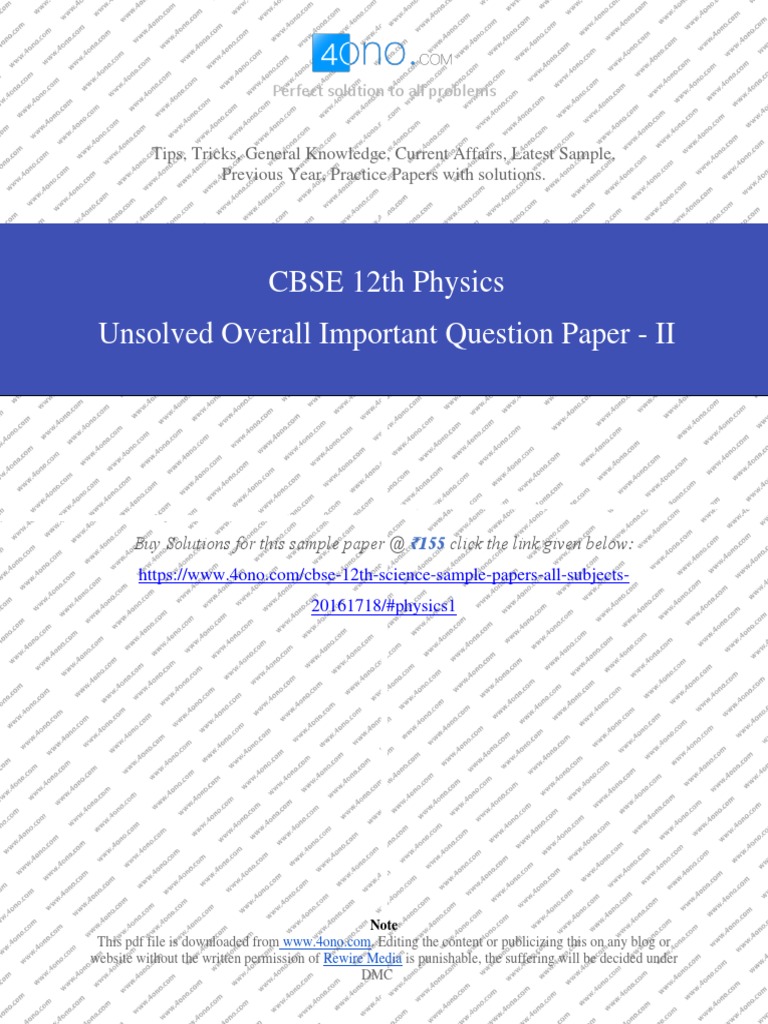 CBSE 12th Physics Unsolved Overall Important Question Paper - II | PDF