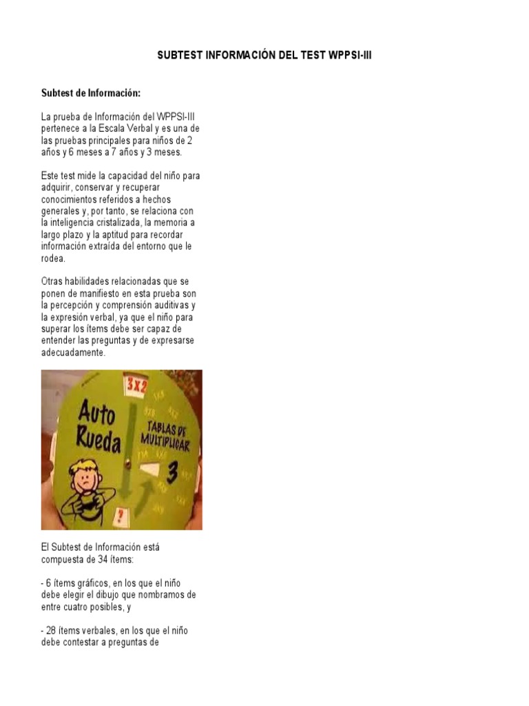 Subtest de Información WPPSI-III | PDF | Información | Psicología Aplicada