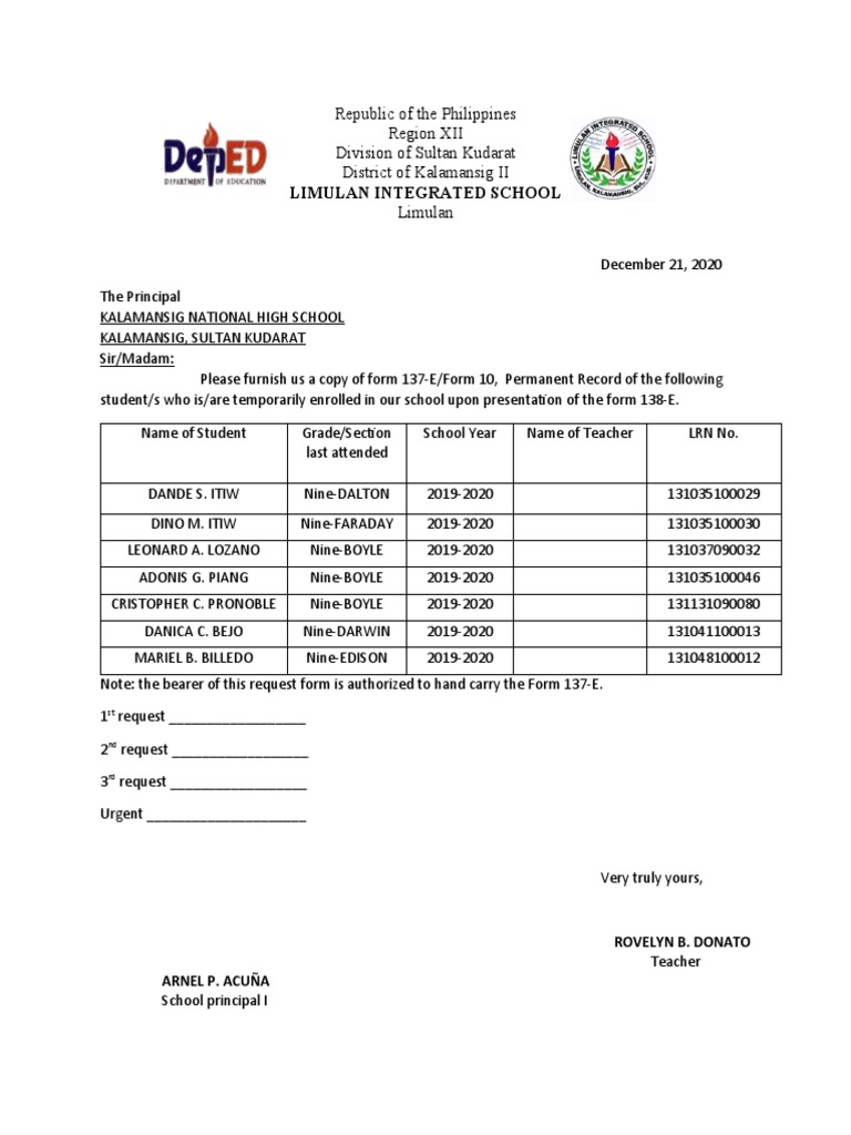 Request Letter For Form 137 | PDF