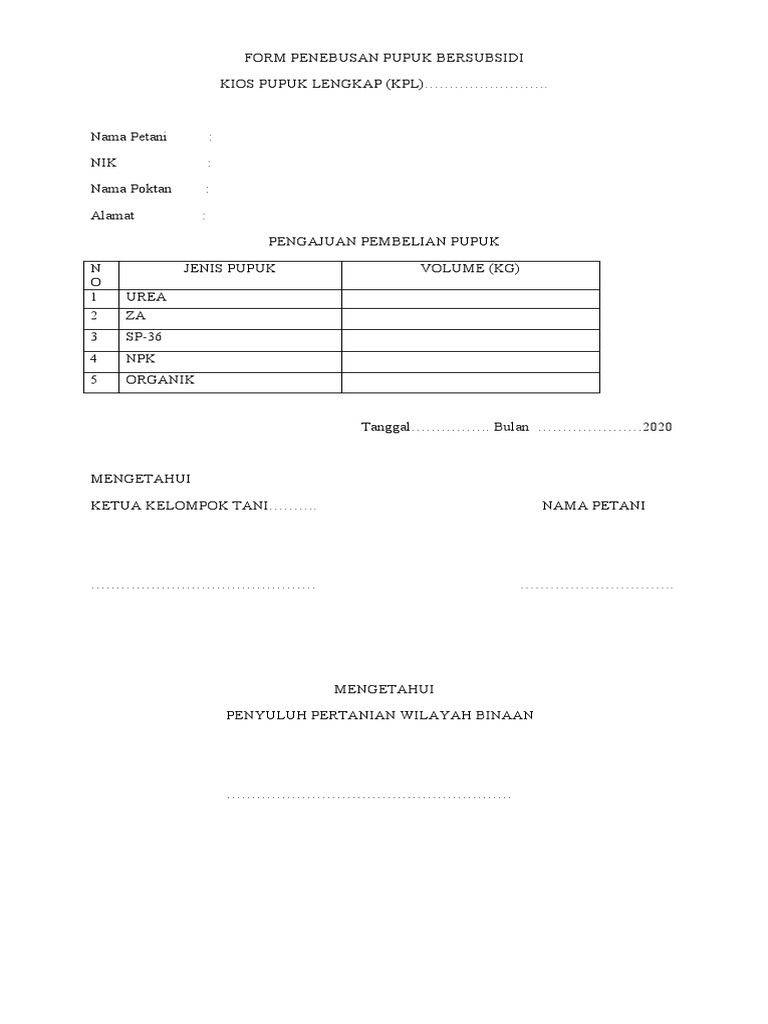Form Penebusan Pupuk Bersubsidi | PDF | Olahraga & Rekreasi