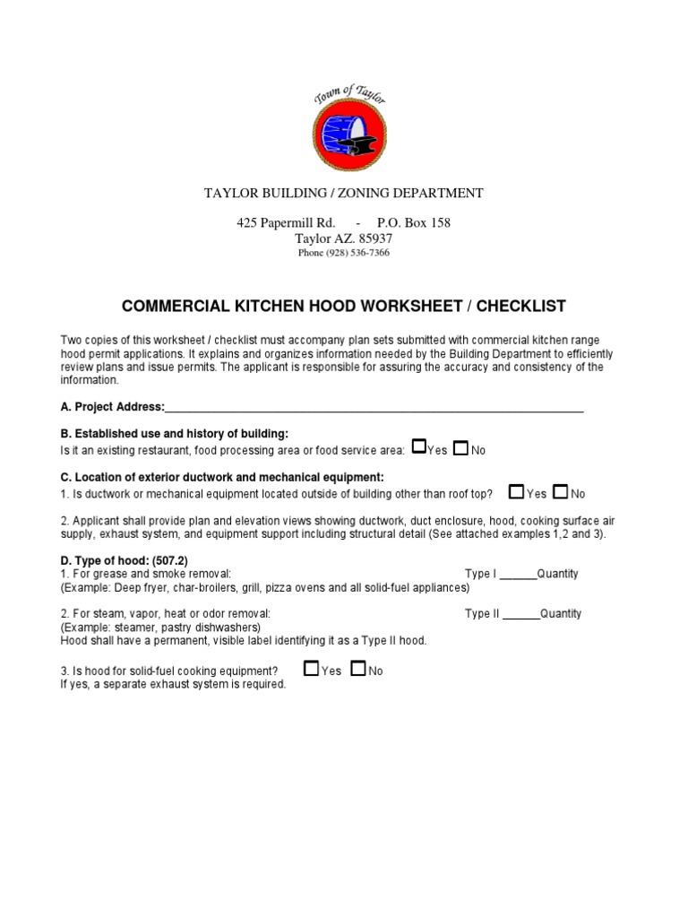 Commercial Kitchen Hood Worksheet | PDF | Duct (Flow) | Grilling