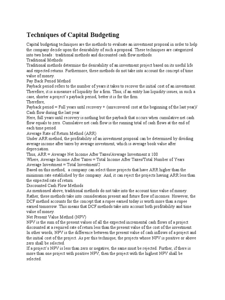 Techniques of Capital Budgeting | PDF | Net Present Value | Capital ...