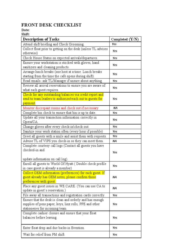 Front Desk Checklist: Description of Tasks (Y/N) | Download Free PDF ...