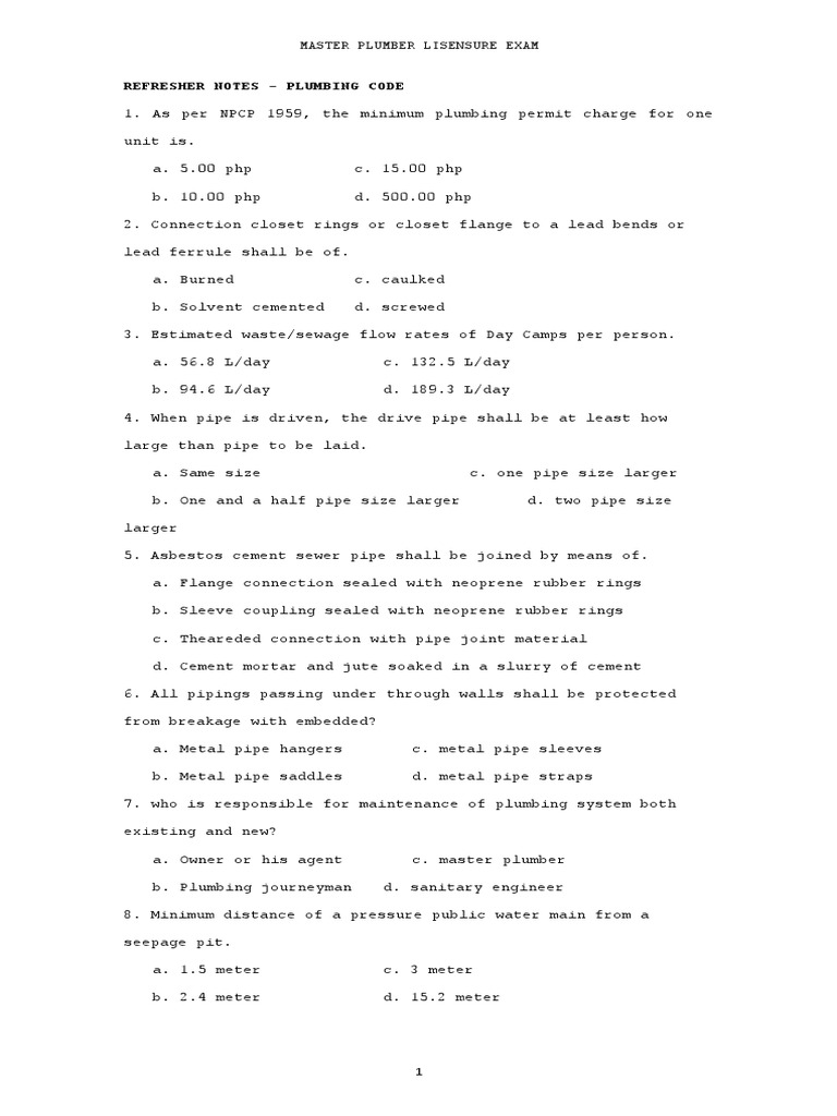 Refresher Notes - Plumbing Code: Master Plumber Lisensure Exam | PDF ...