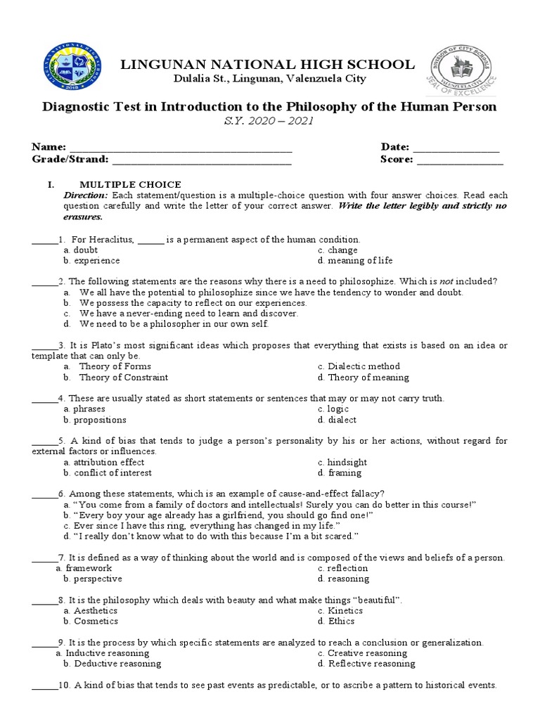 Diagnostic Test in Philosophy | PDF | Reason | Aesthetics