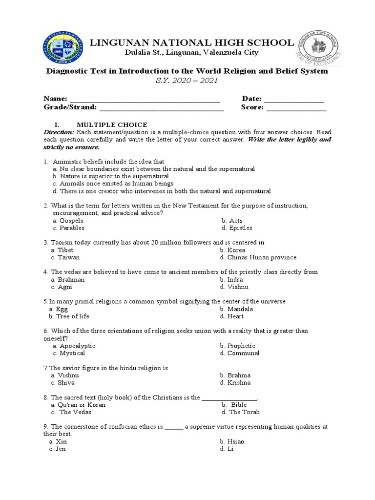 Diagnostic Test in World Religion | PDF | Monotheism | Hebrew Bible