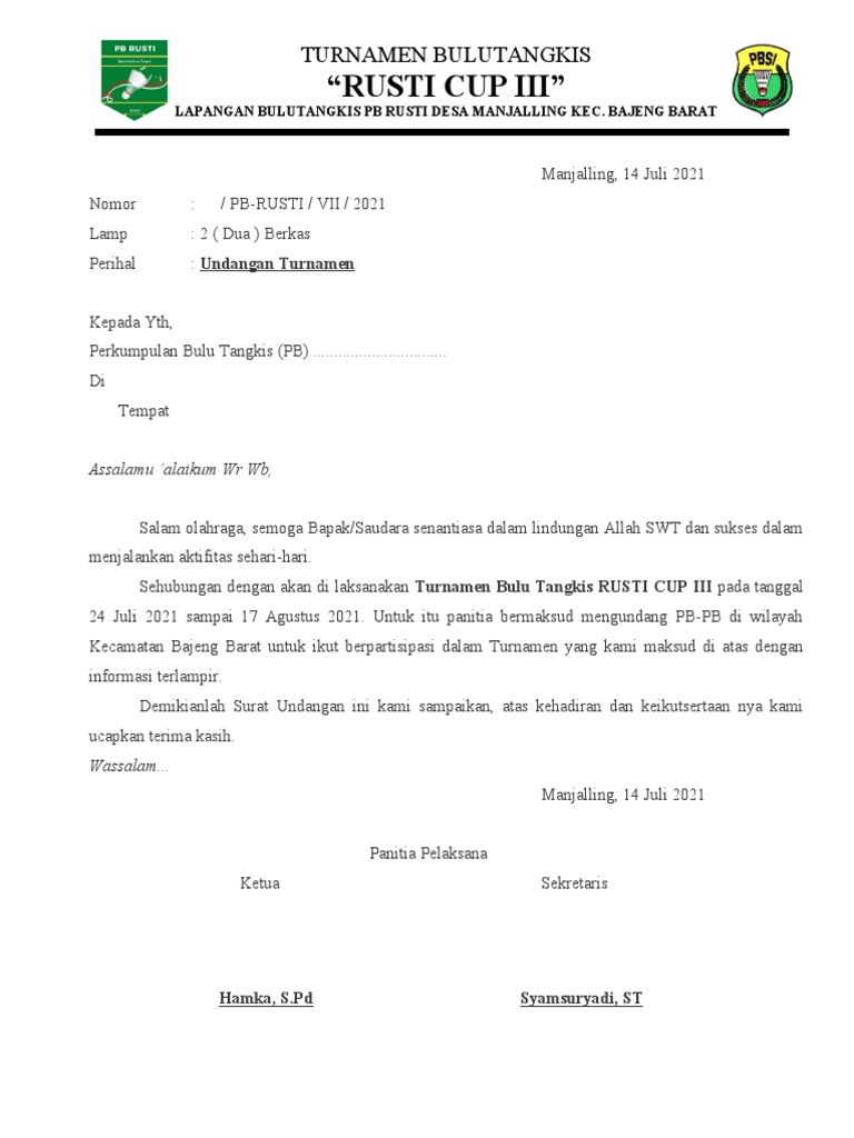 Undangan Turnamen Bulutangkis RUSTI CUP III | PDF