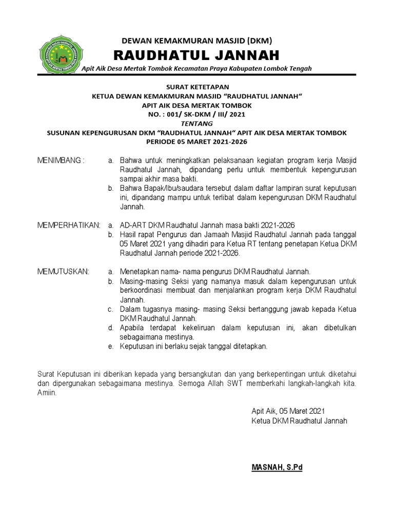 Kepengurusan DKM Raudhatul Jannah | PDF