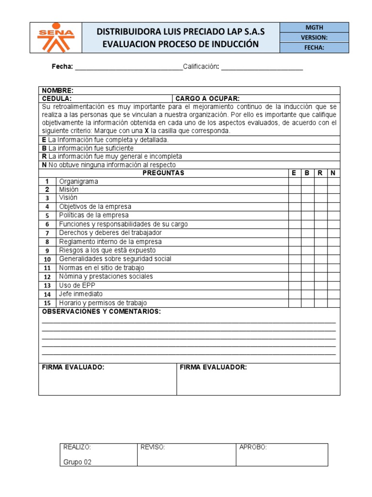 Formato Evaluación de Inducción | PDF