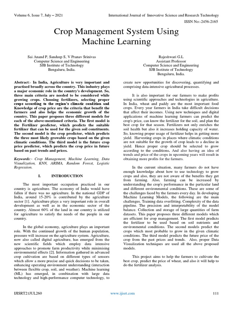 Crop Management System Using Machine Learning | Download Free PDF ...