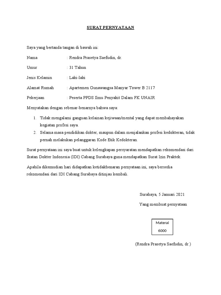 Surat Pernyataan Bermaterai | PDF
