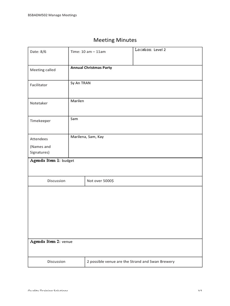 Informal Meeting Minutes Template 4 | PDF
