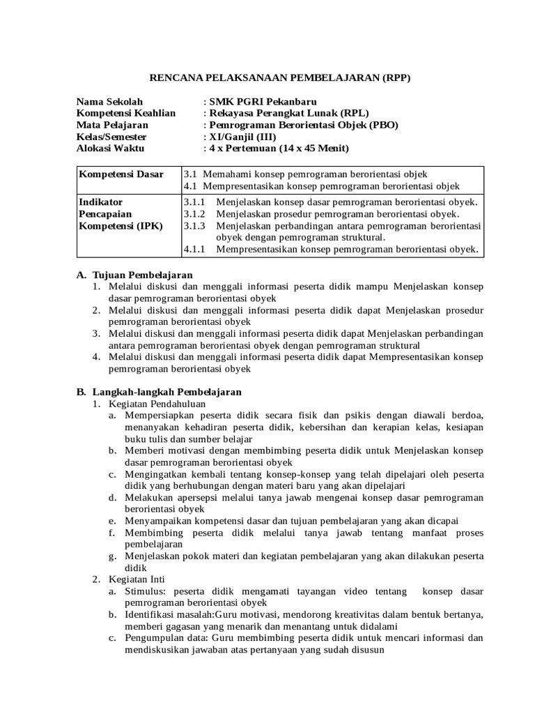 RPP Pbo Kelas Xi Ganjil | PDF