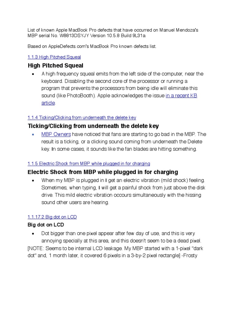 List of Known Defects for a 15-Inch Early 2008 MacBook Pro with Serial ...