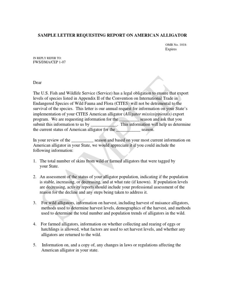 1018-0093 Sample Letter Requesting Report - Alligator | PDF | Cites ...