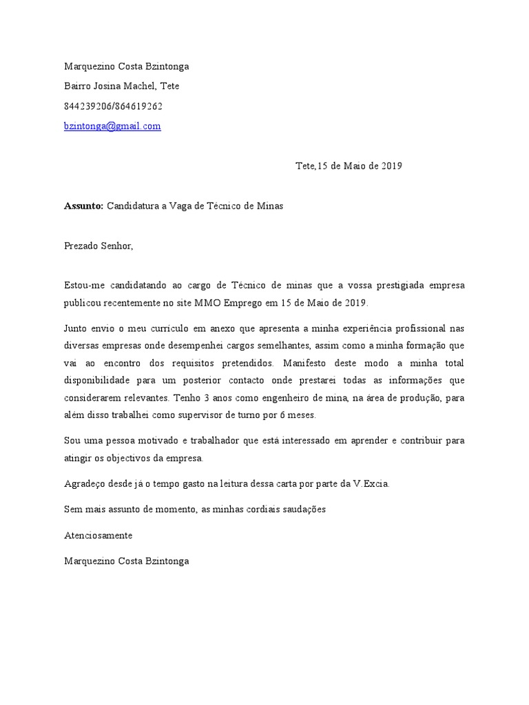 Carta de Candidatura de Emprego | PDF | Finanças e Administração de Capital