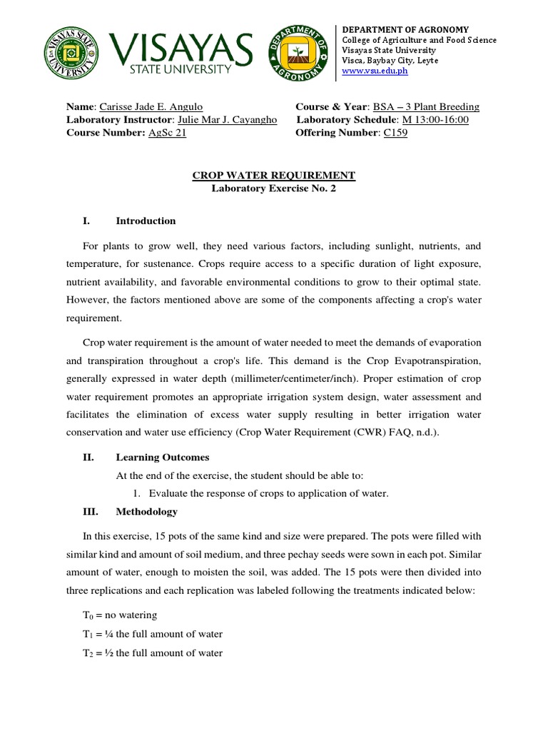 AgSc 21 Laboratory Exercise No. 2 Crop Water Requirement | PDF ...