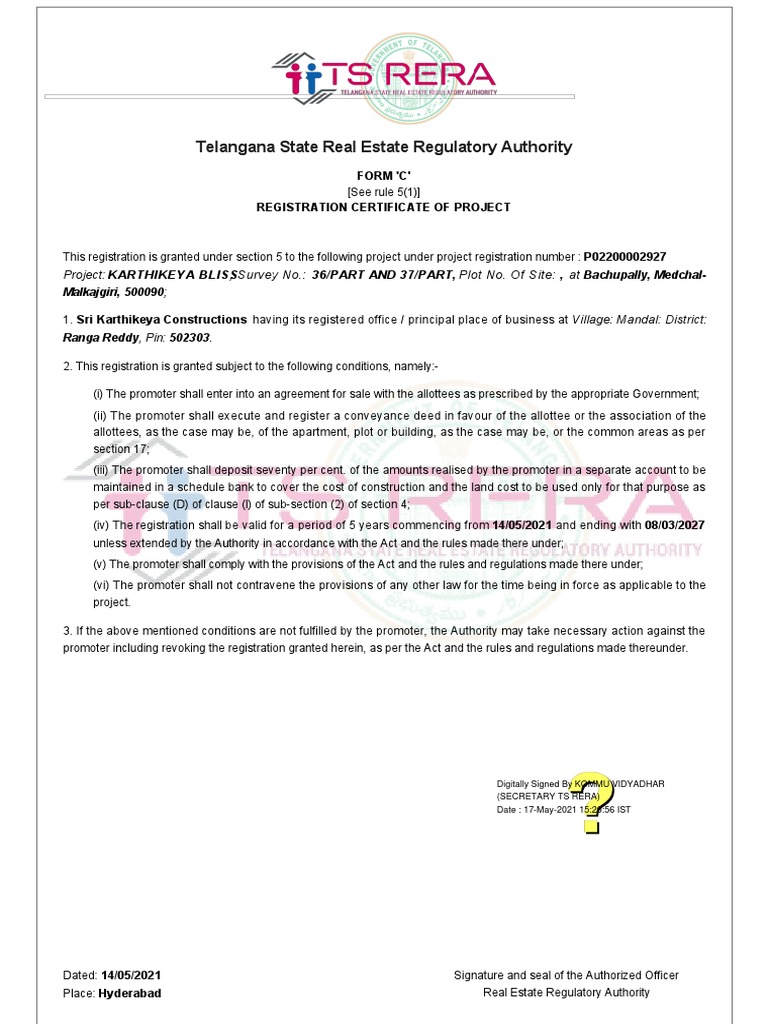 Telangana State Real Estate Regulatory Authority: Form 'C' | PDF ...
