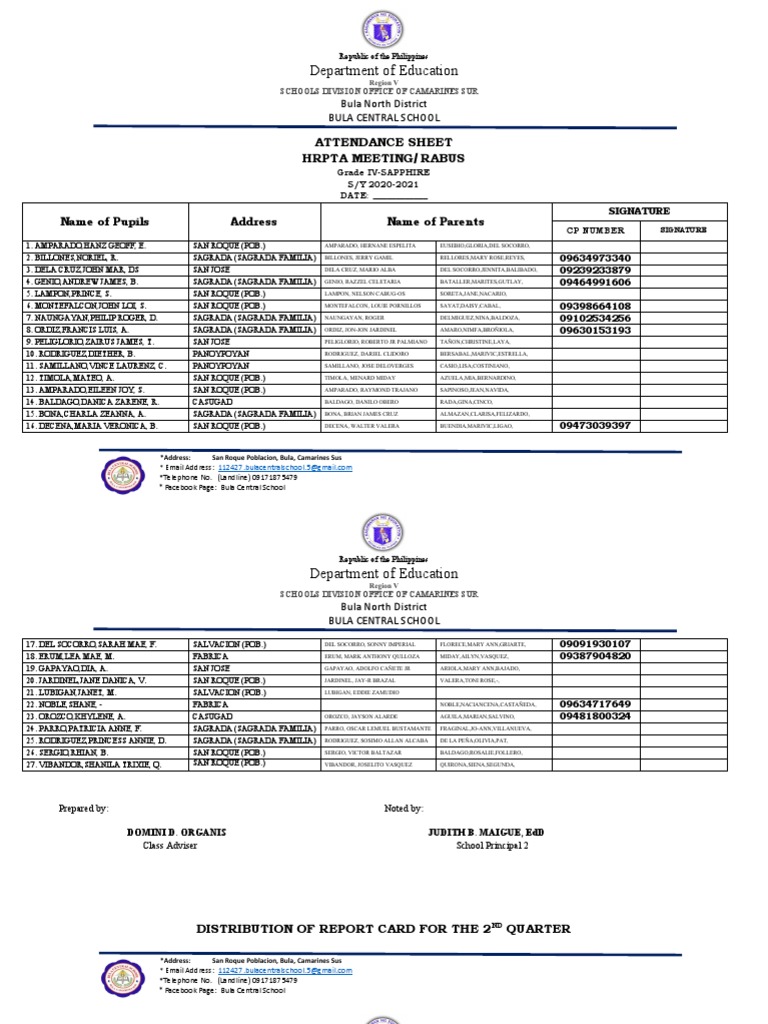 Department of Education: Attendance Sheet Hrpta Meeting/Rabus | PDF