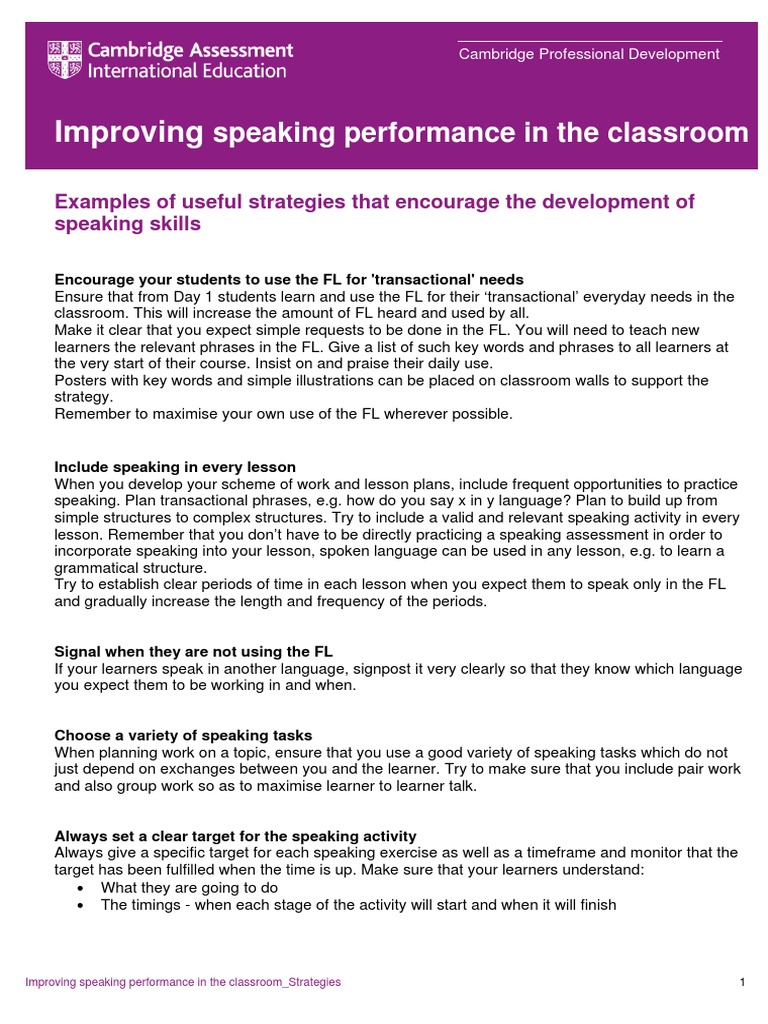 Strategies. Improving Speaking Performance | PDF | Lesson Plan | Learning