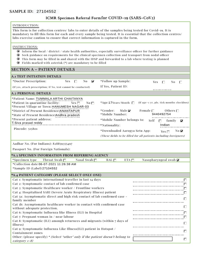 Sample Id: Sample Id: 27104552 Icmr Specimen Referral Form Icmr ...