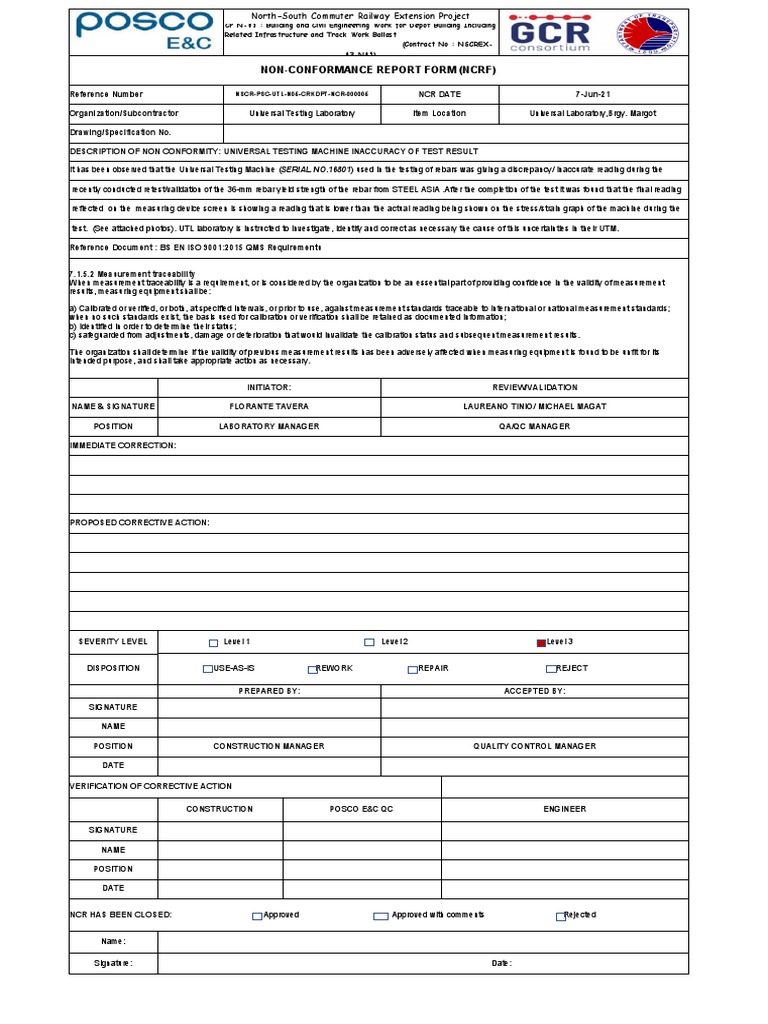 Non Conformance Form | PDF | Calibration | Verification And Validation