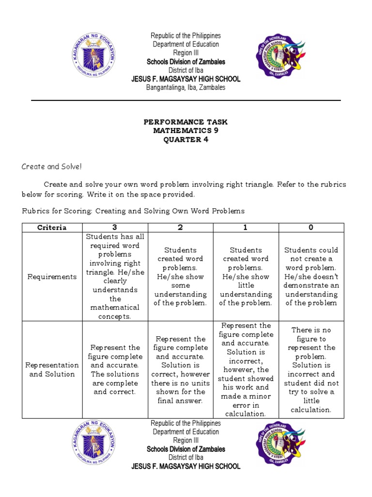 Performance Task Mathematics 9 Quarter 4 | PDF | Rubric (Academic ...