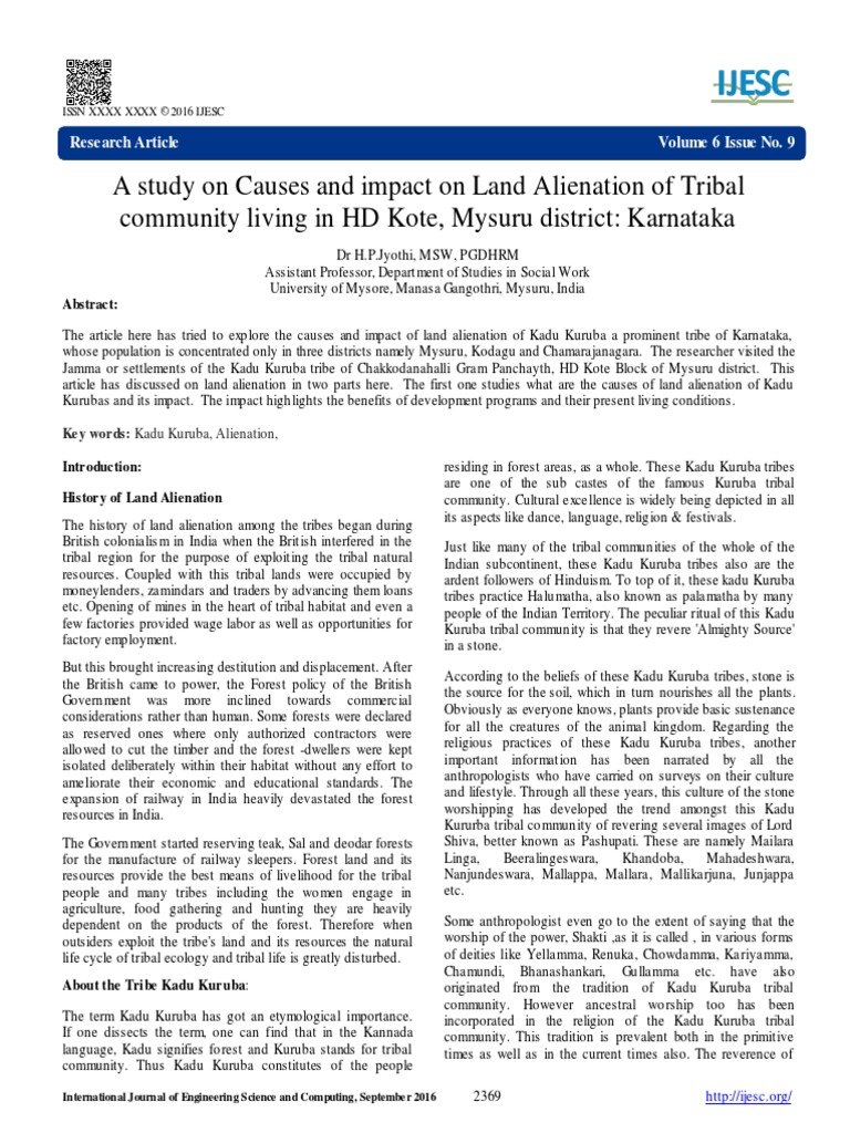 .A Study On Causes and Impact On Land Alienation of Tribal Community ...