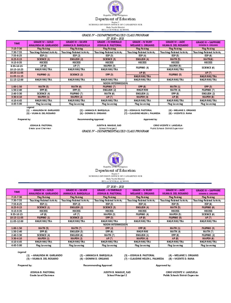 Department of Education: Grade Iv - Departmentalized Class Program SY ...
