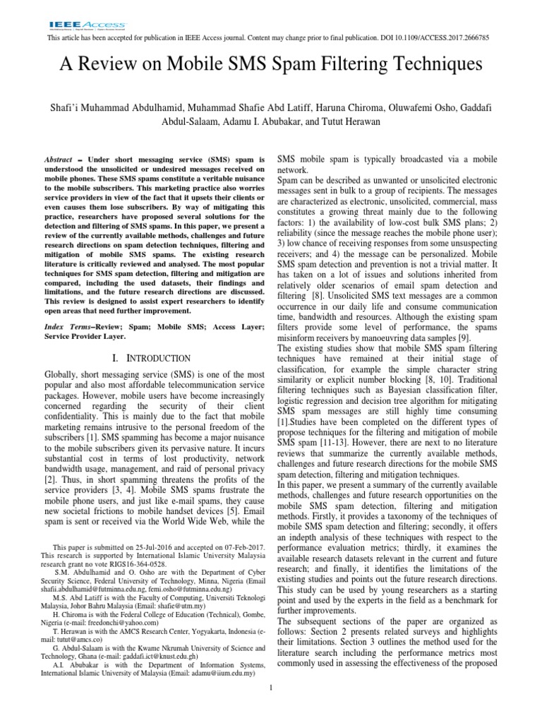 A Review On Mobile SMS Spam Filtering Techniques | PDF | Statistical ...