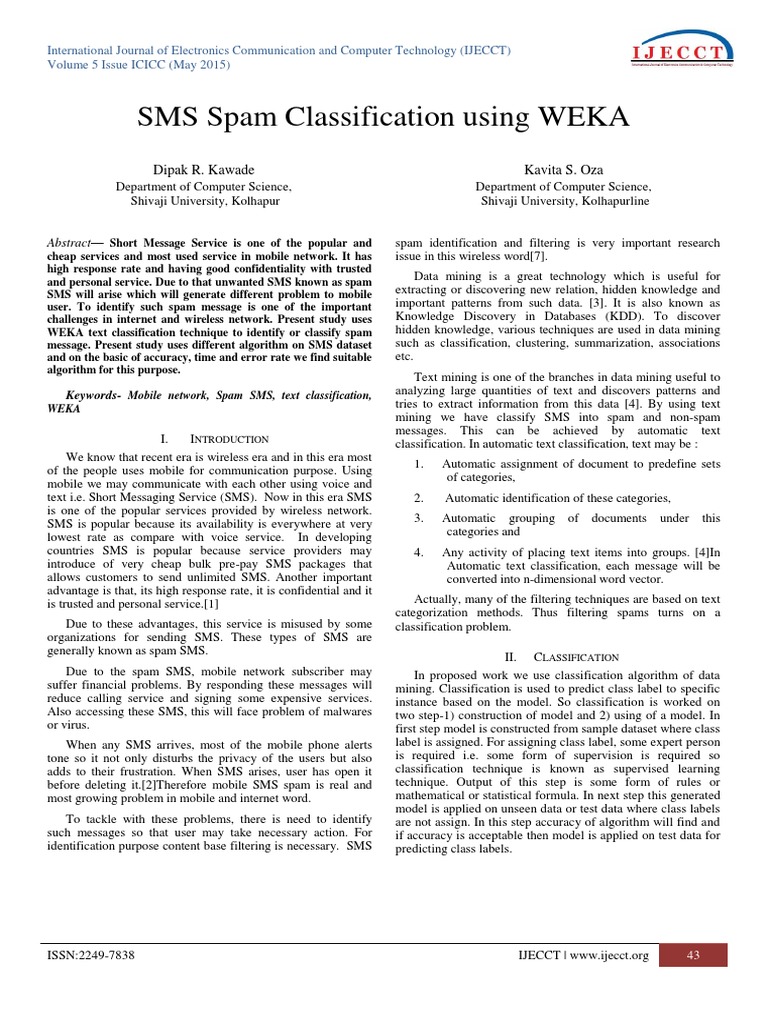 SMS Spam Classification Using WEKA: Dipak R. Kawade Kavita S. Oza | PDF ...