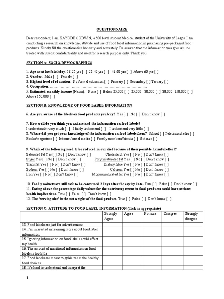 Kap On Food Labelling Questionnaire Final For Print | PDF | Nutrition ...