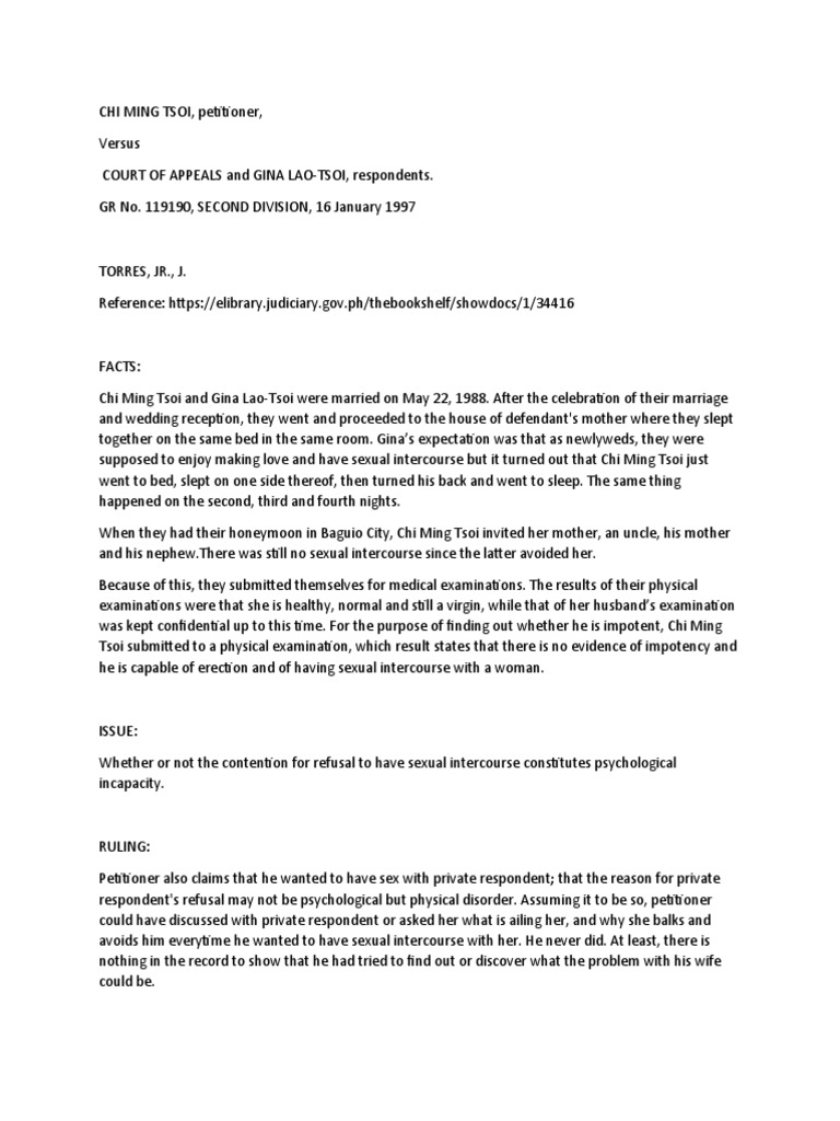 Chi Ming Tsoi vs. CA and Gina Lao Tsoi, G.R. No. 119190 | PDF