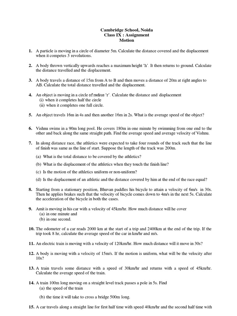 Class IX Motion Assignment Solutions | PDF | Acceleration | Speed
