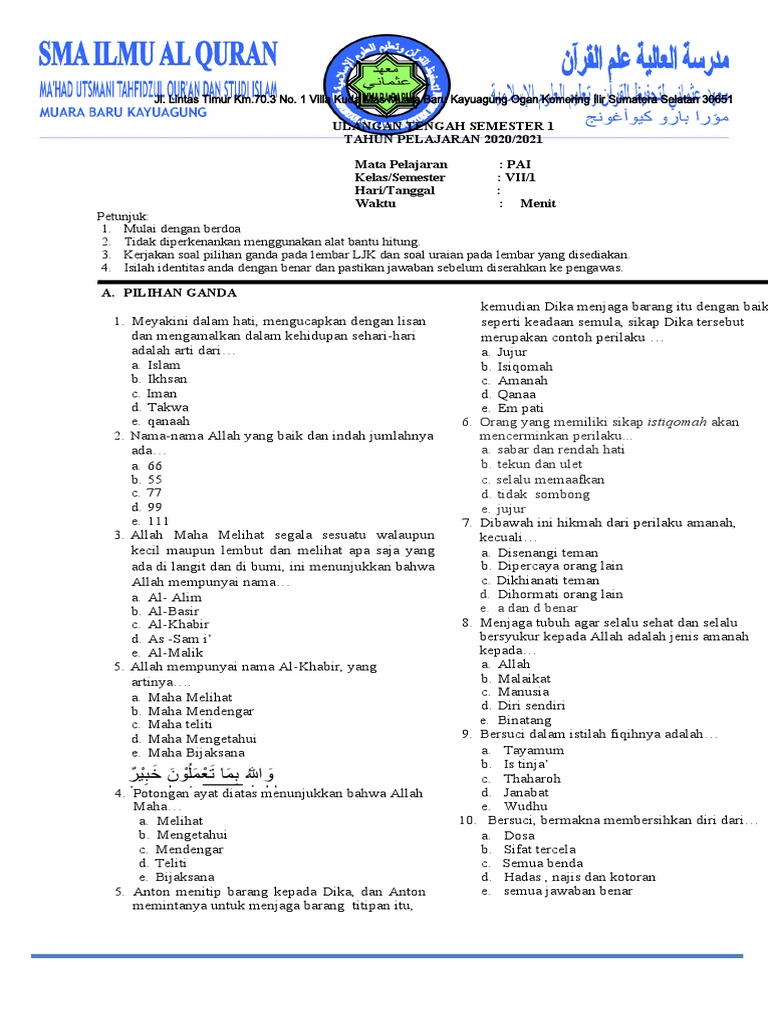 Fix Soal Pai Kelas 7 SMP Cover 1 | PDF