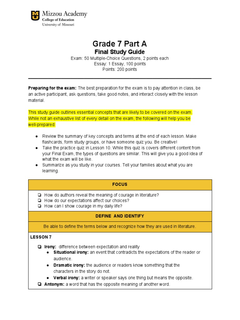Grade 7 ELA (A) Final Exam Study Guide-1 | PDF | Irony | Test (Assessment)